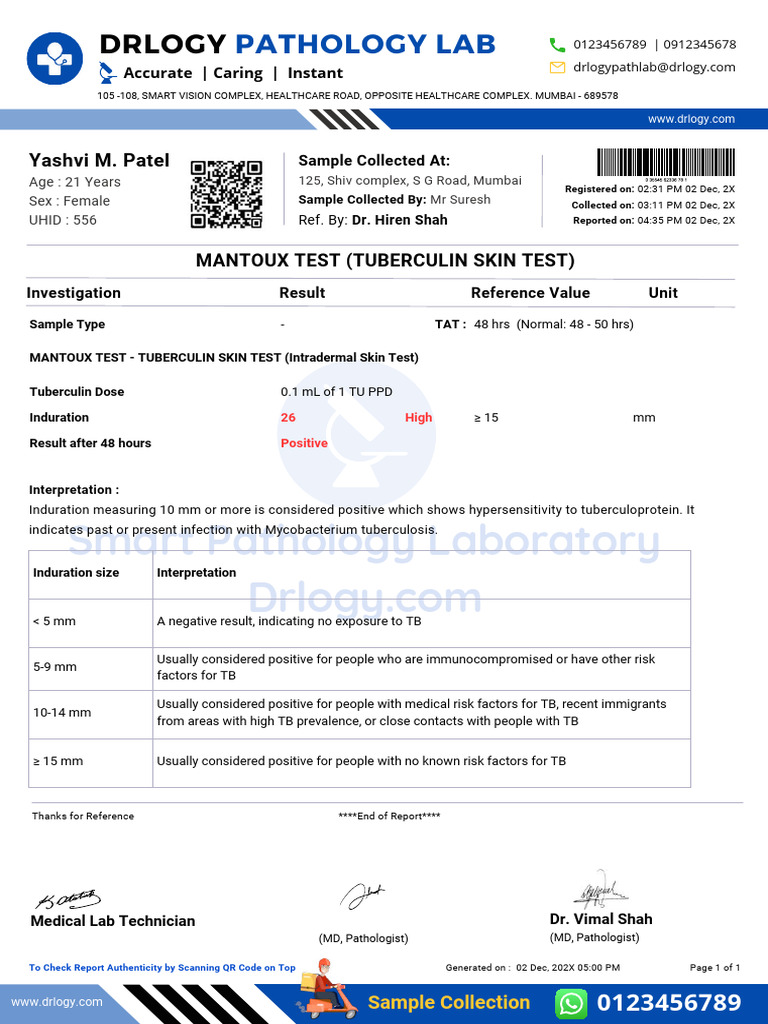 Mantoux Test Positive Report Format Example Sample Template Drlogy Lab ...