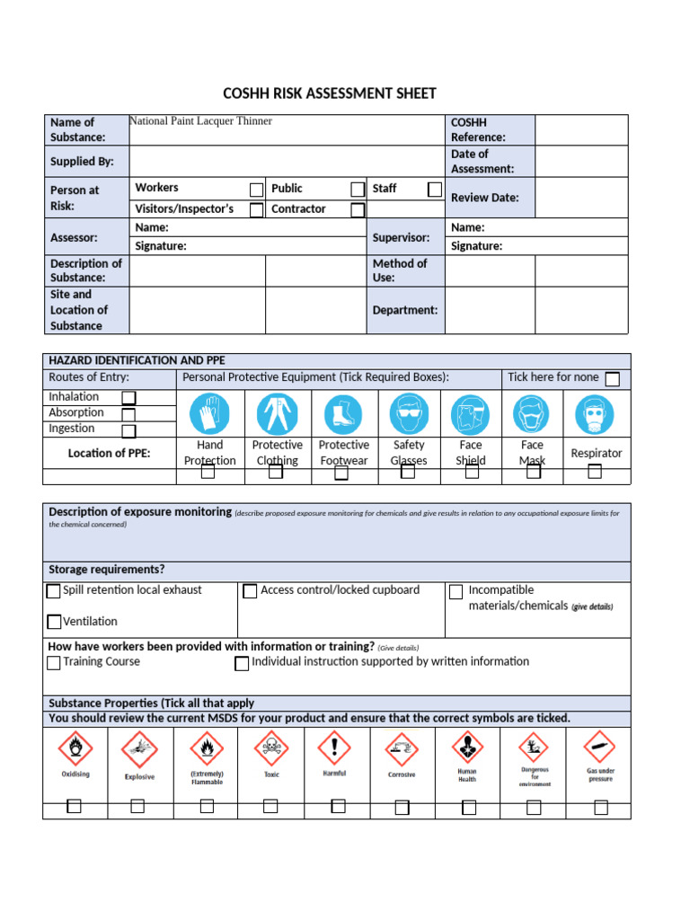 APPENDIX C-COSHH Risk Assessment Form | PDF | Personal Protective ...