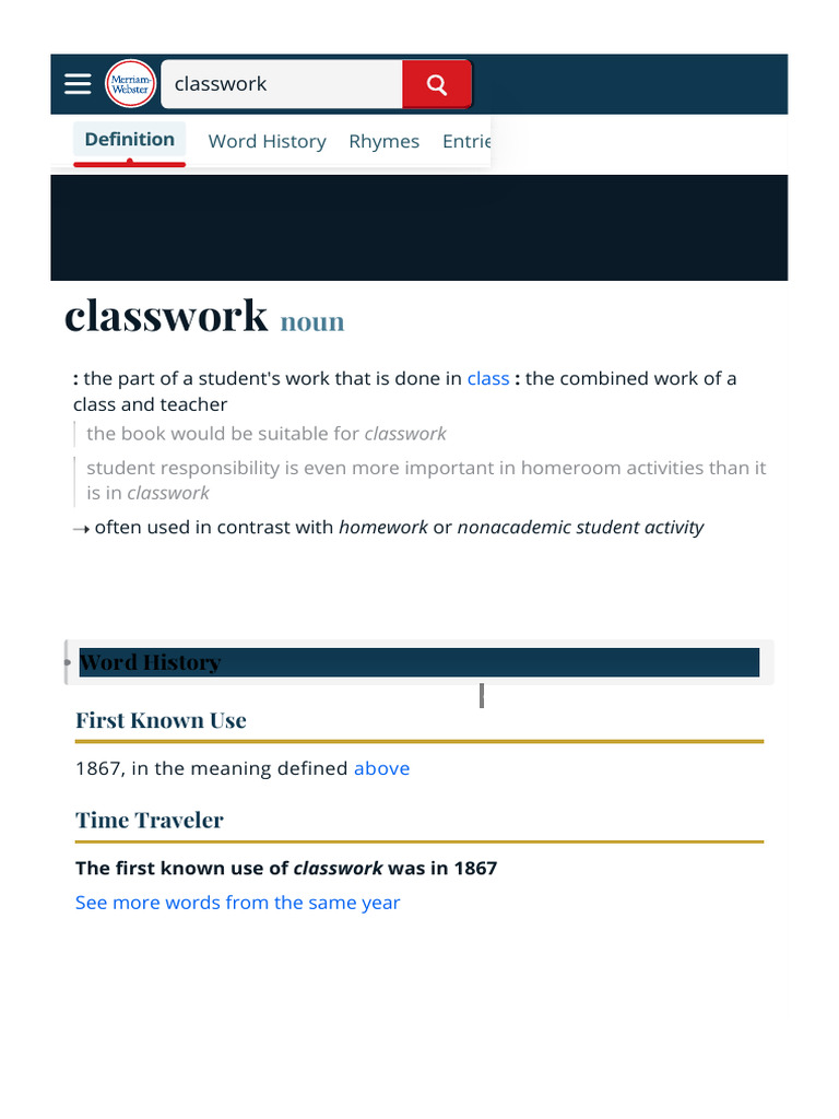 CLASSWORK Definition & Meaning - Merriam-Webster | PDF | Lexicology | Linguistics