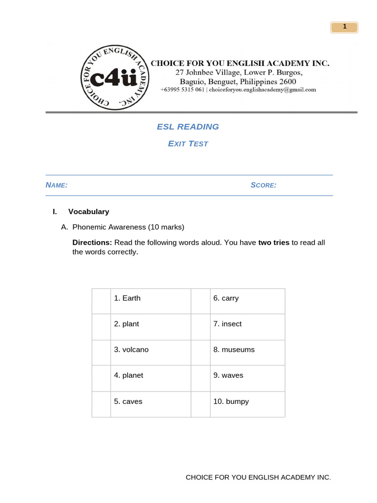 ESL Exit Test: Reading Comprehension | PDF | Earth | Water