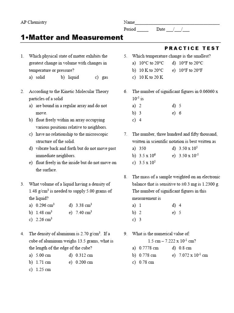 AP Chemistry Practice Test 1 | PDF | Gases | Electron Configuration