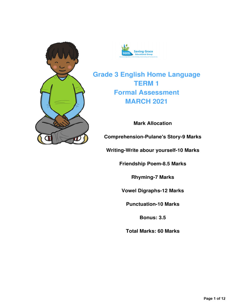 Grade 3 English Term 1 Assessment | PDF