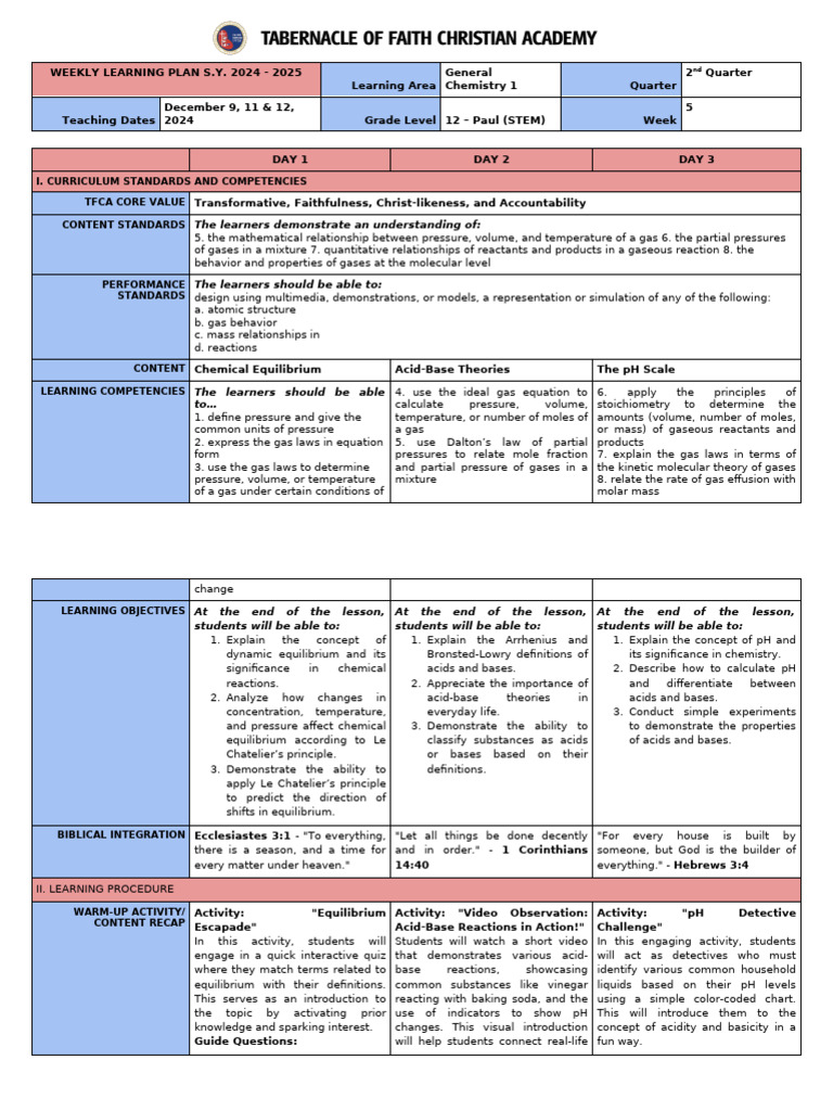 Weekly Learning Plan: Chemistry 12 STEM | PDF | Gases | Acid