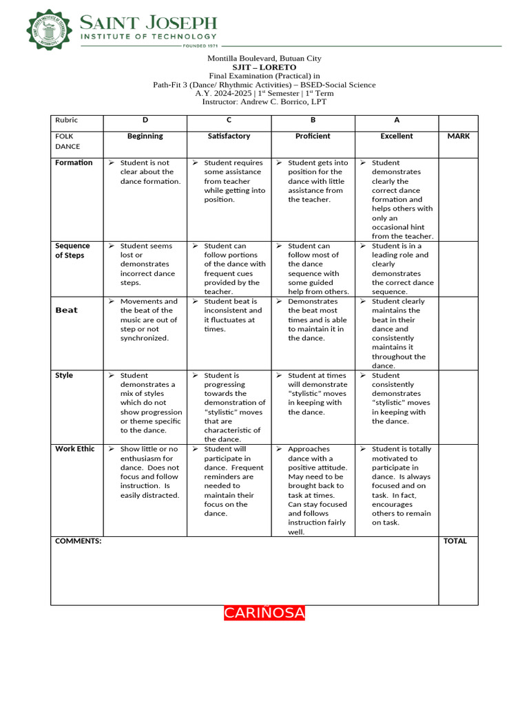 Rubric For Path Fit 3 Practical Exam | PDF | Dances