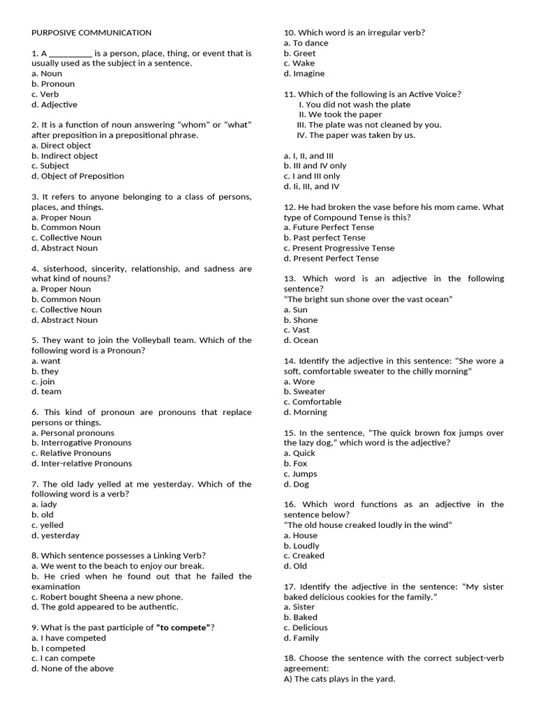 QUIZ-PURPOSIVE-COMMUNICATION-NO_122911 | PDF | Noun | Communication