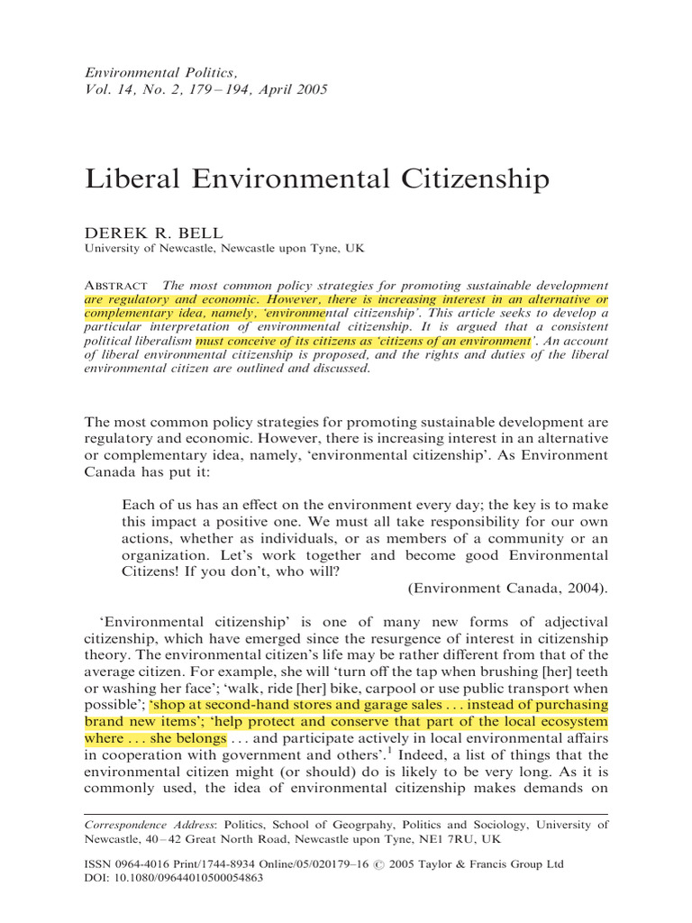Bell - Liberal Environmental Citizenship | PDF | Citizenship | Justice