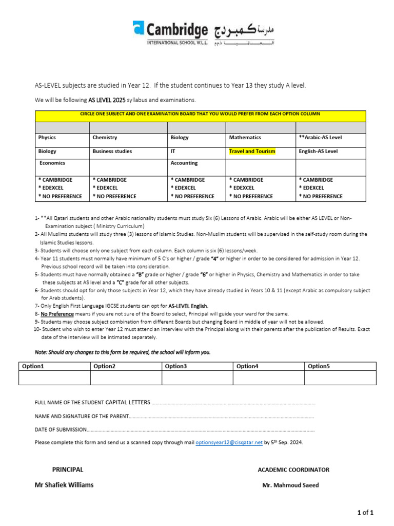 Year 12 AS Level Subject Options Form | PDF | University Of Cambridge ...