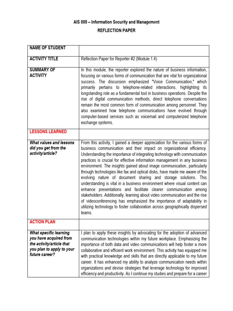 REFLECTION PAPER - Reporter #2 | PDF | Communication | Information
