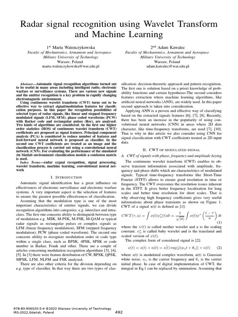 Radar Signal Recognition Using Wavelet Transform And Machine Learning