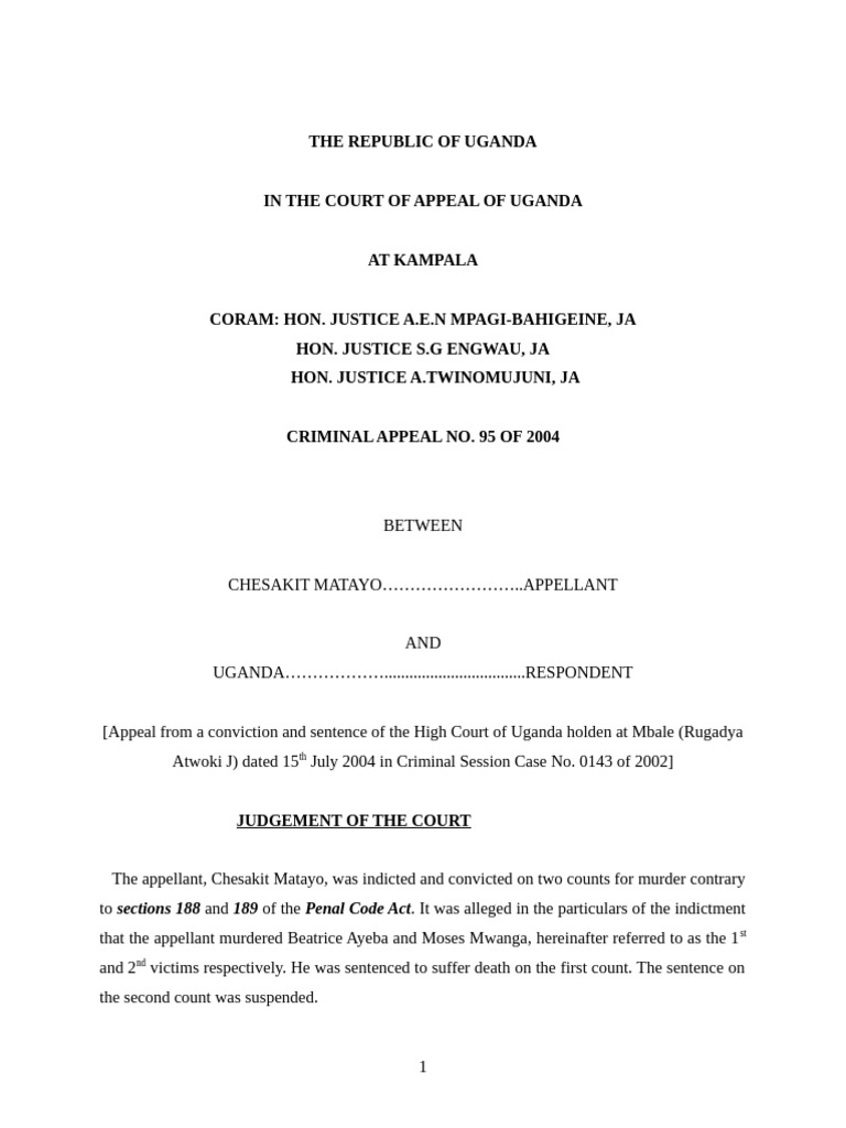 Chesakit Matayo V Uganda (Criminal Appeal No 95 of 2004) 2009 UGCA 21 (20 May 2009) | PDF ...