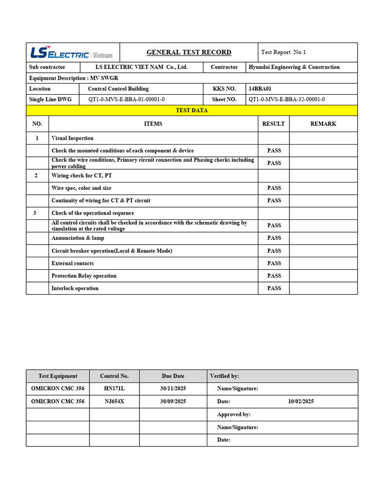 MV SWGR GENERAL TEST RECORD | PDF | Relay | Electrical Wiring