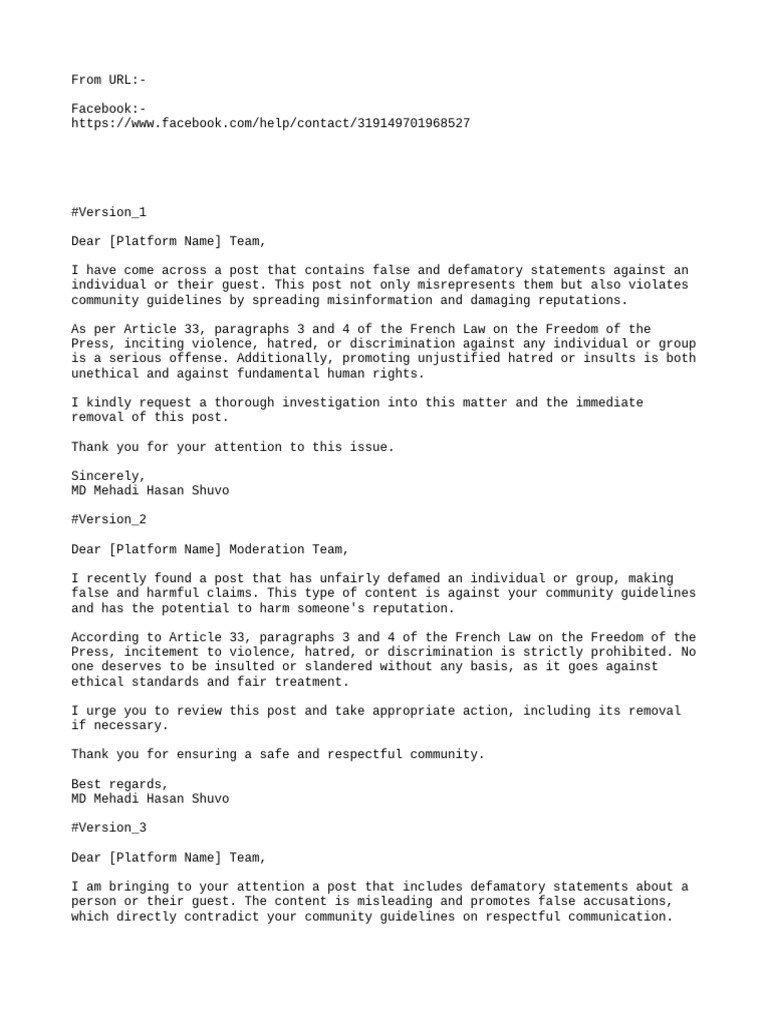 Legal Removal Request for Defamatory Post | PDF | Defamation | Justice