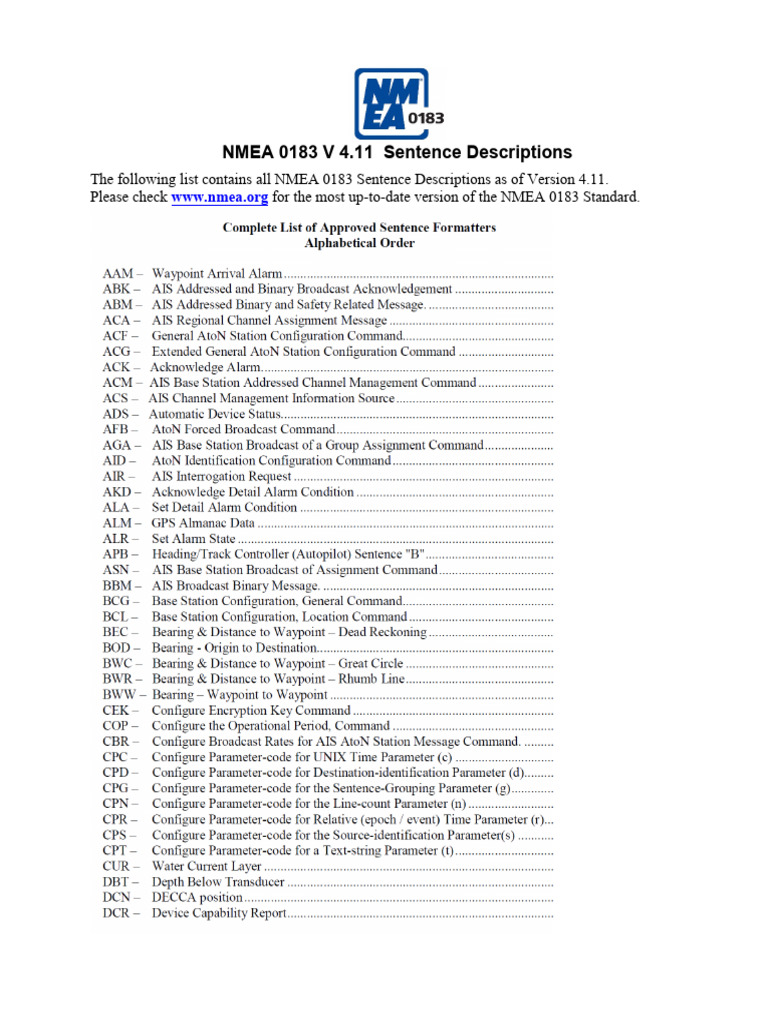 NMEA 0183 V4.11 Sentence Talker Identifiers | PDF | Navigation ...