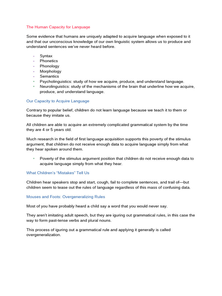 The Human Capacity For Language | PDF | Aphasia | Second Language