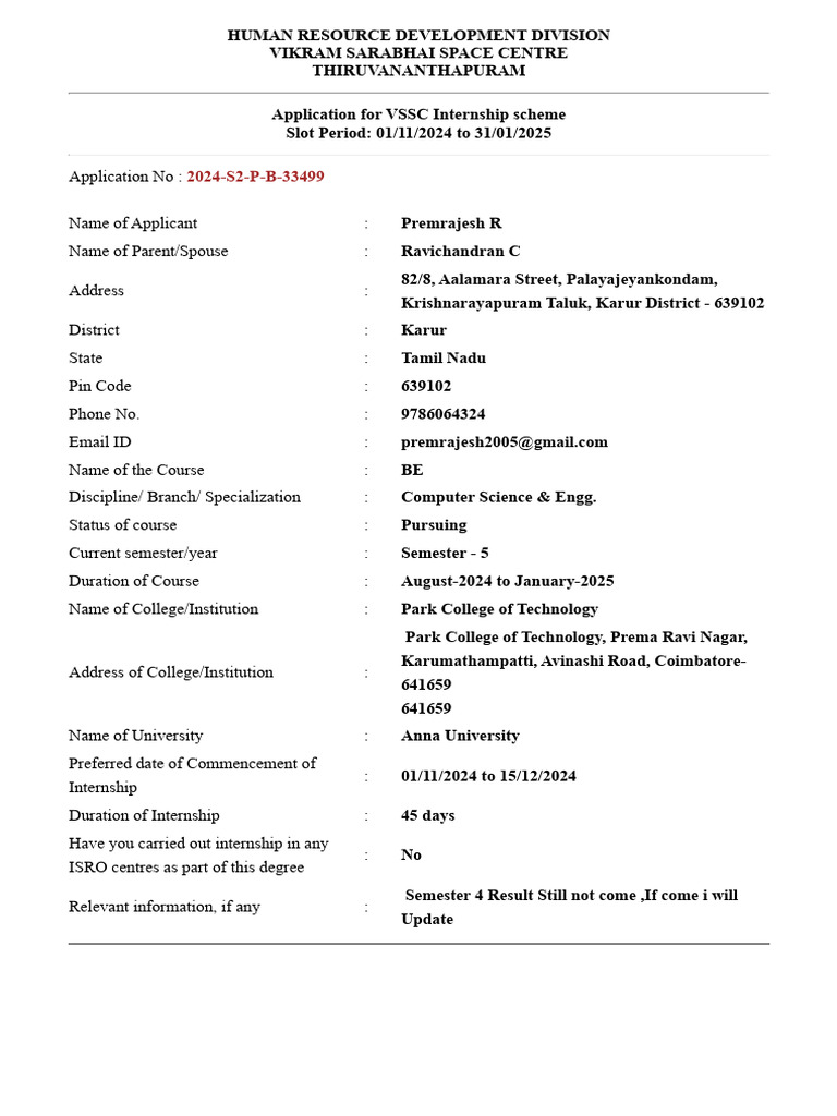 VSSC Internship Application 2024-2025 | PDF
