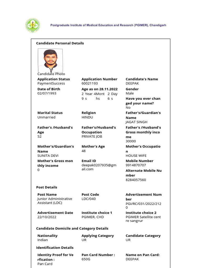 Form Pgi Various Post Application Sangrur | PDF