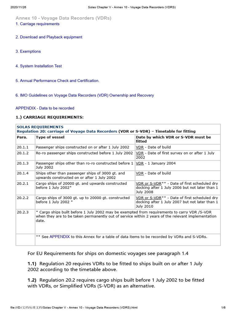 Solas Chapter V - Annex 10 - Voyage Data Recorders (VDRS) | PDF | Ships