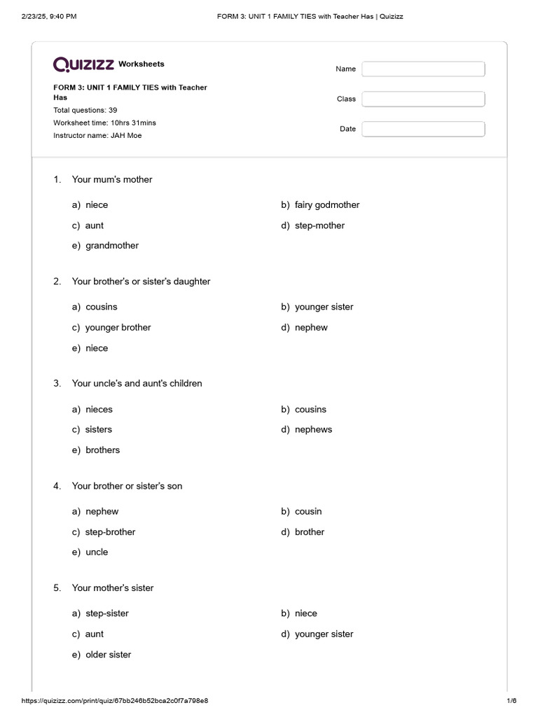 FORM 3 - UNIT 1 FAMILY TIES With Teacher Has - Quizizz | PDF