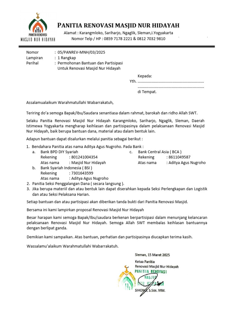 Permohonan Renovasi Masjid Nur Hidayah | PDF