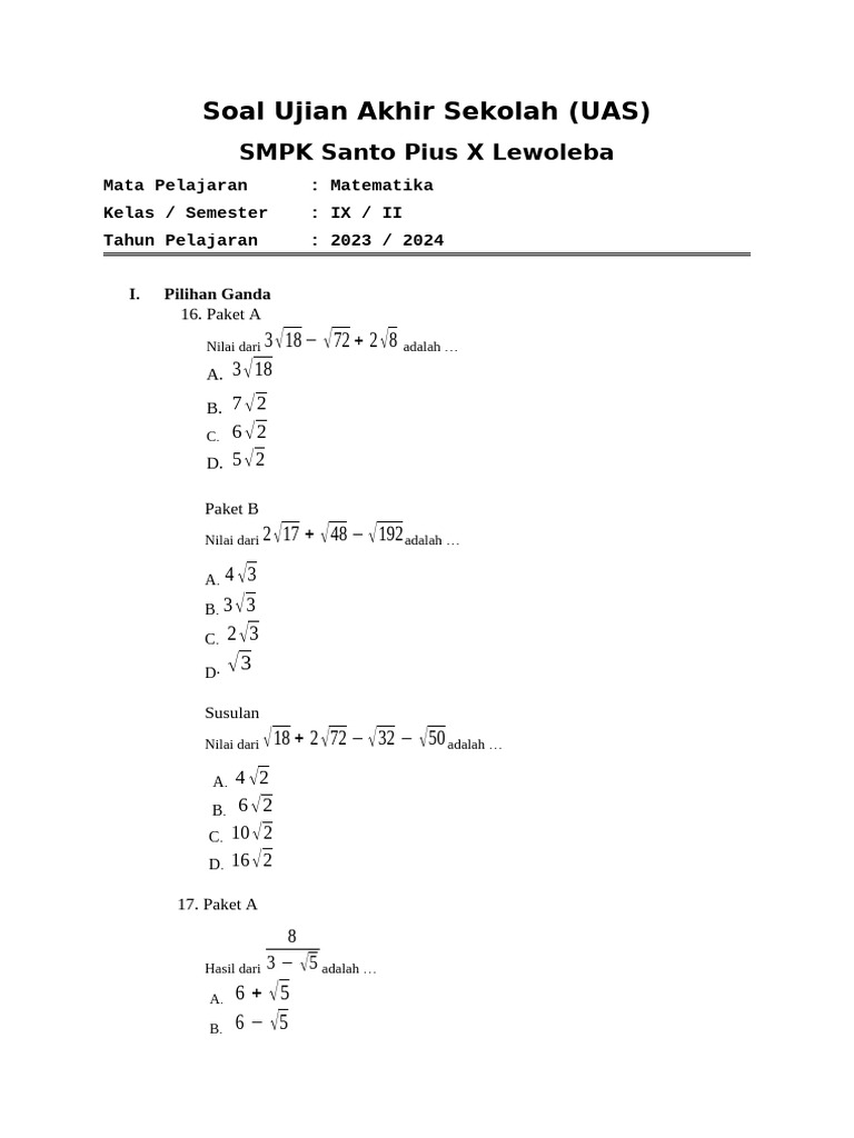 Master Soal UAS Mtk Pak Frans | PDF