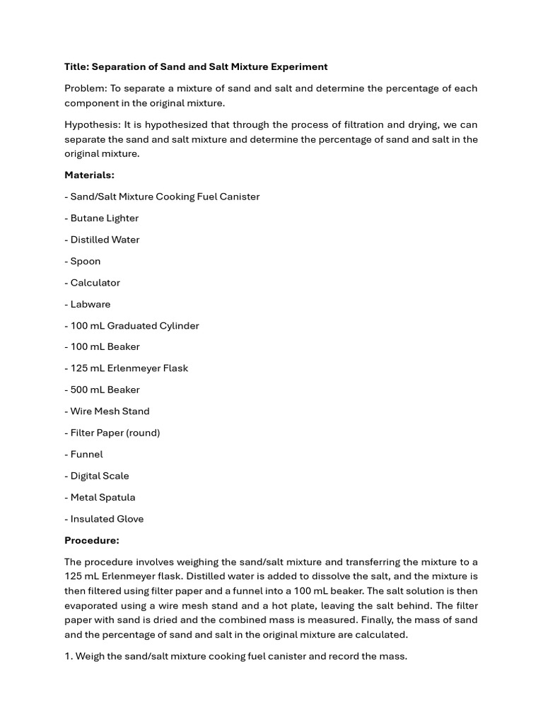 Separation of Sand and Salt Mixture | PDF