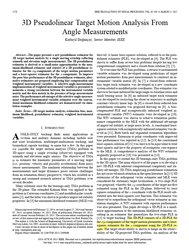2015 3d Pseudolinear Target Motion Analysis From Angle Measurements