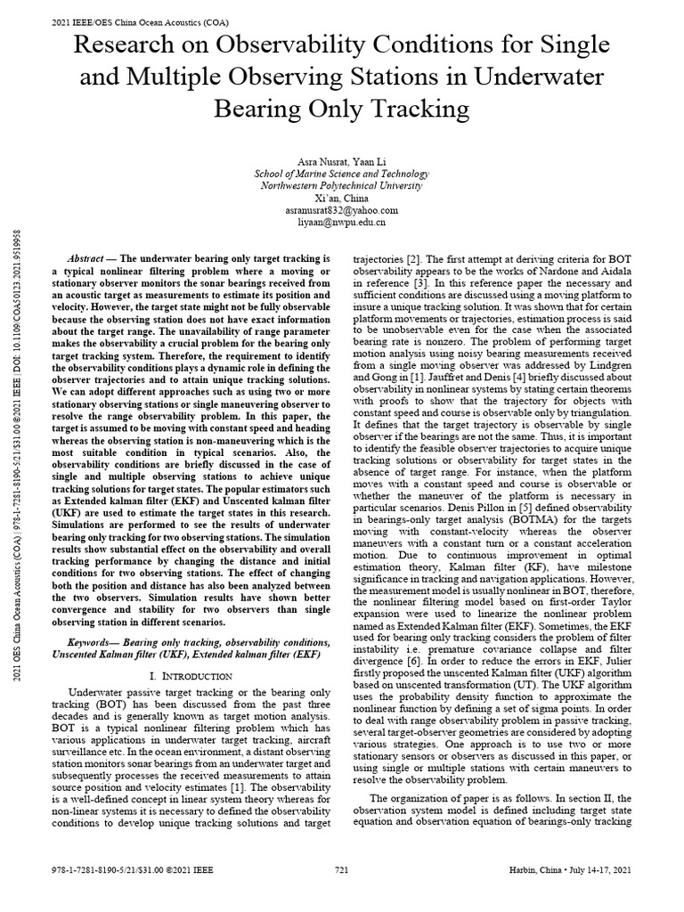 Research On Observability Conditions For Single | PDF | Kalman Filter | Applied Mathematics