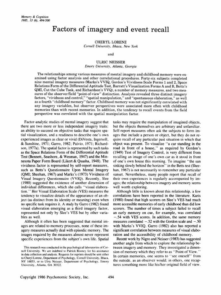 Factors of Imagery and Event Recall: Memory Cognition | PDF | Mental ...