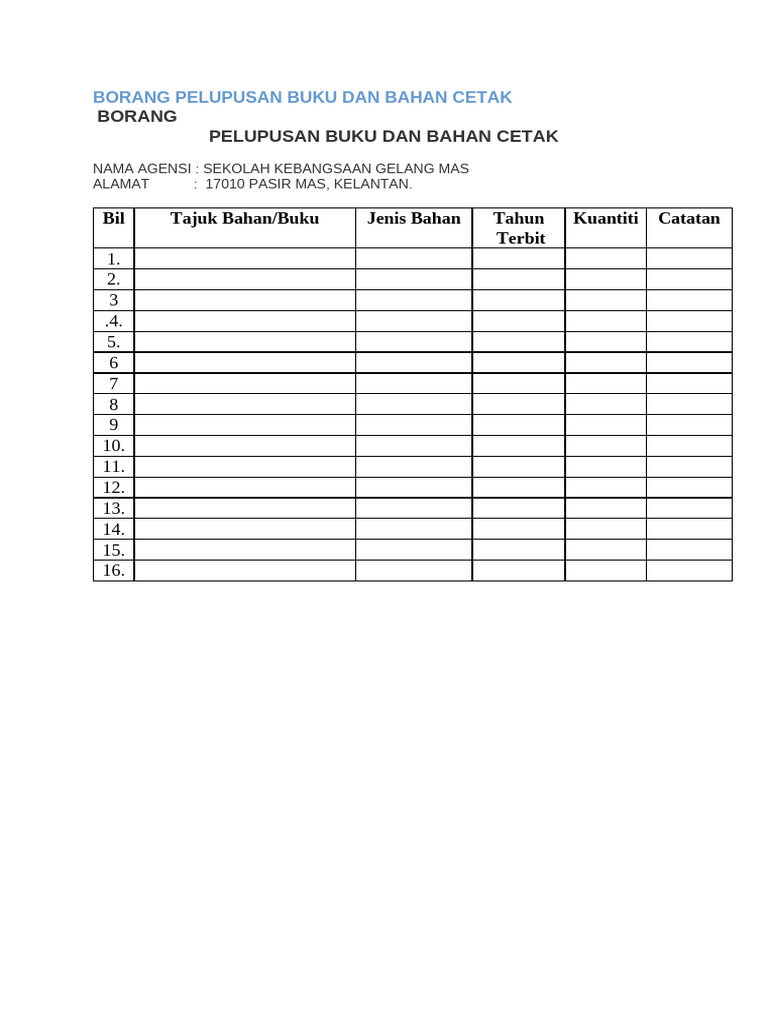 BORANG PELUPUSAN BUKU DAN BAHAN CETAK PSS | PDF