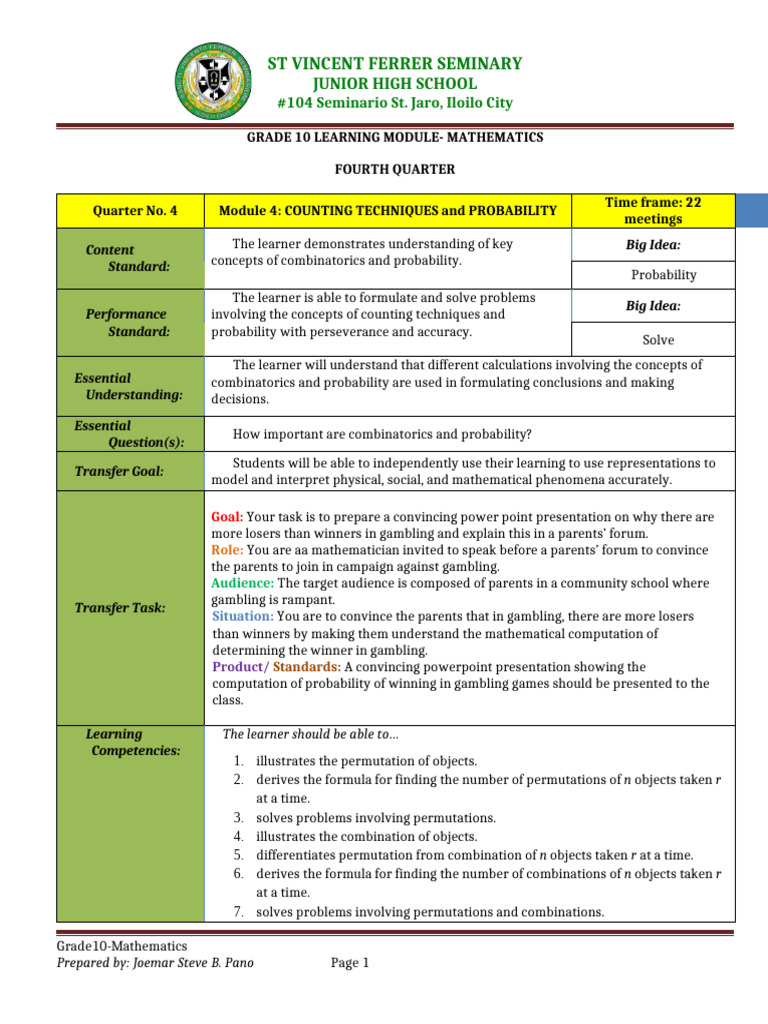 G10 LP - 4th Quarter (Statistics & Probability) | PDF | Probability | Combinatorics