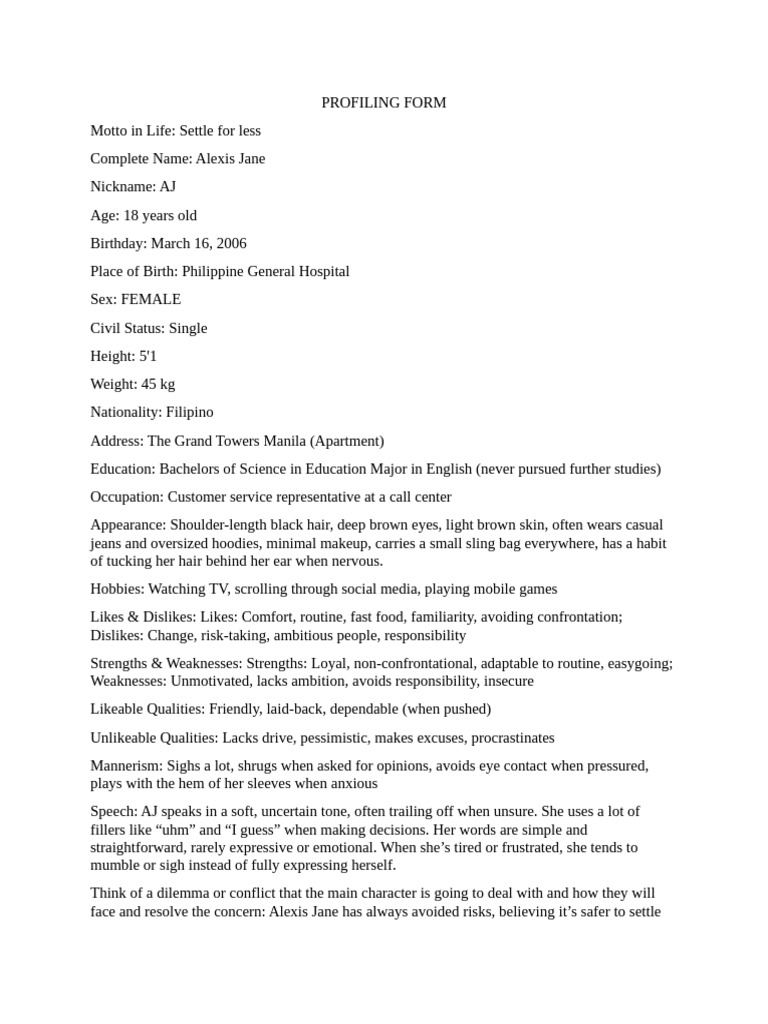 Profiling Form - Alexis Jane | PDF | Mindset | Fear