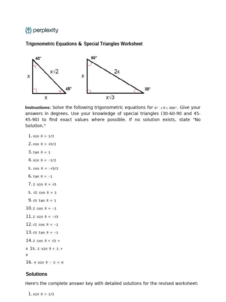 Simple Trig Equations Special Triangles With Solutions | PDF | Trigonometric Functions ...