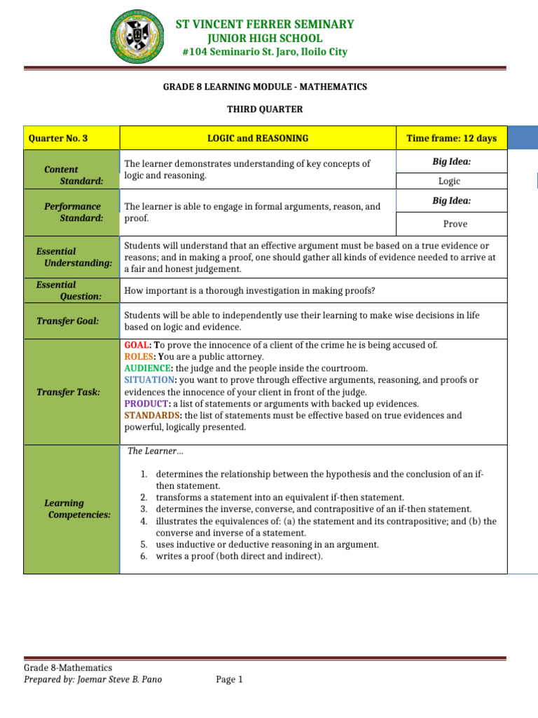 G8 LP-3rd Quarter (Logic and Reasoning) | PDF | Mathematical Proof | Argument