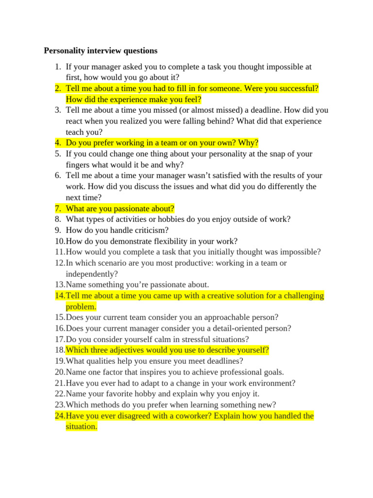 Personality Interview Questions | PDF | Psychology | Social Psychology
