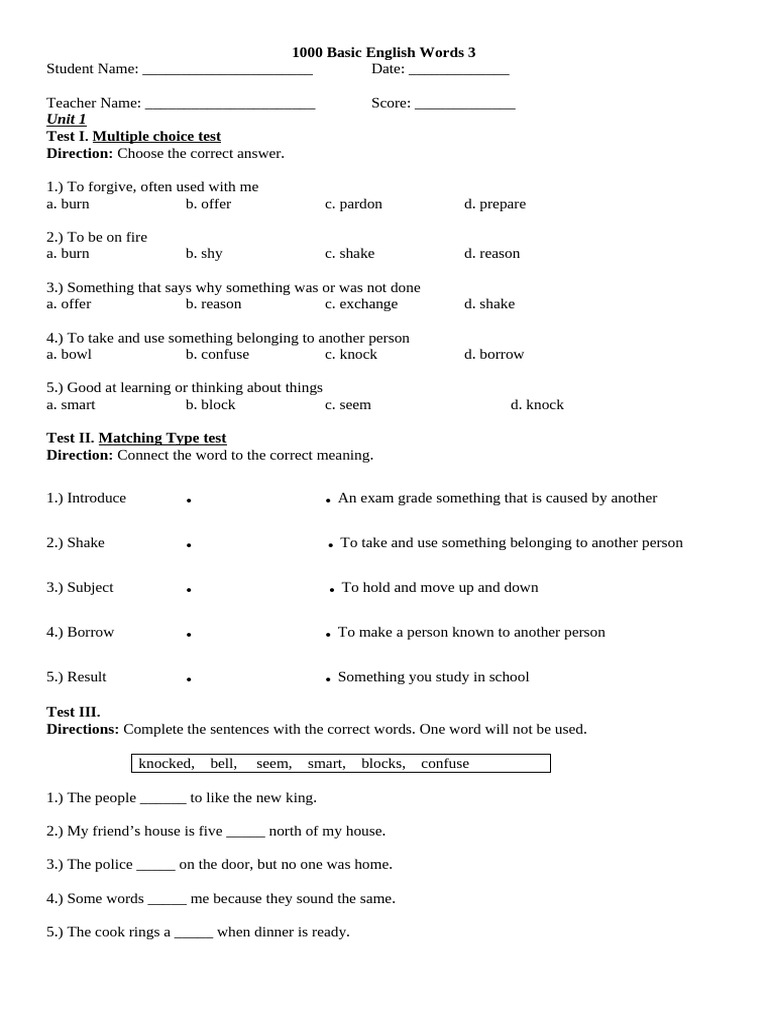 1000 Basic English Words 3 (1-2) | PDF