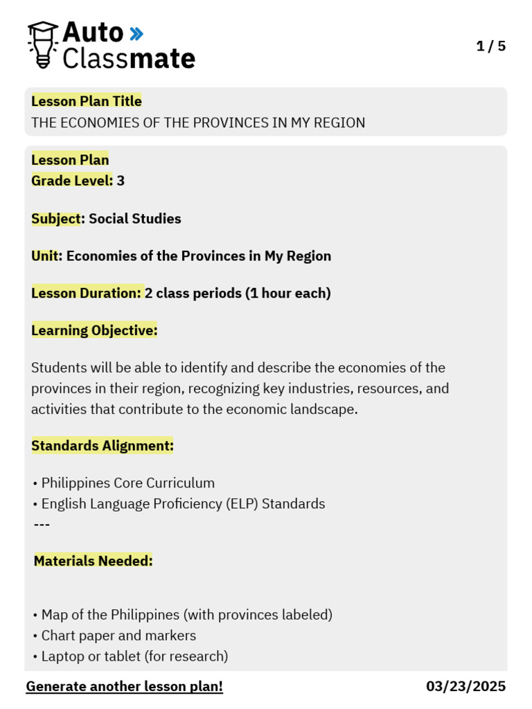 The Economies of The Provinces in My Region | PDF | Lesson Plan | Learning