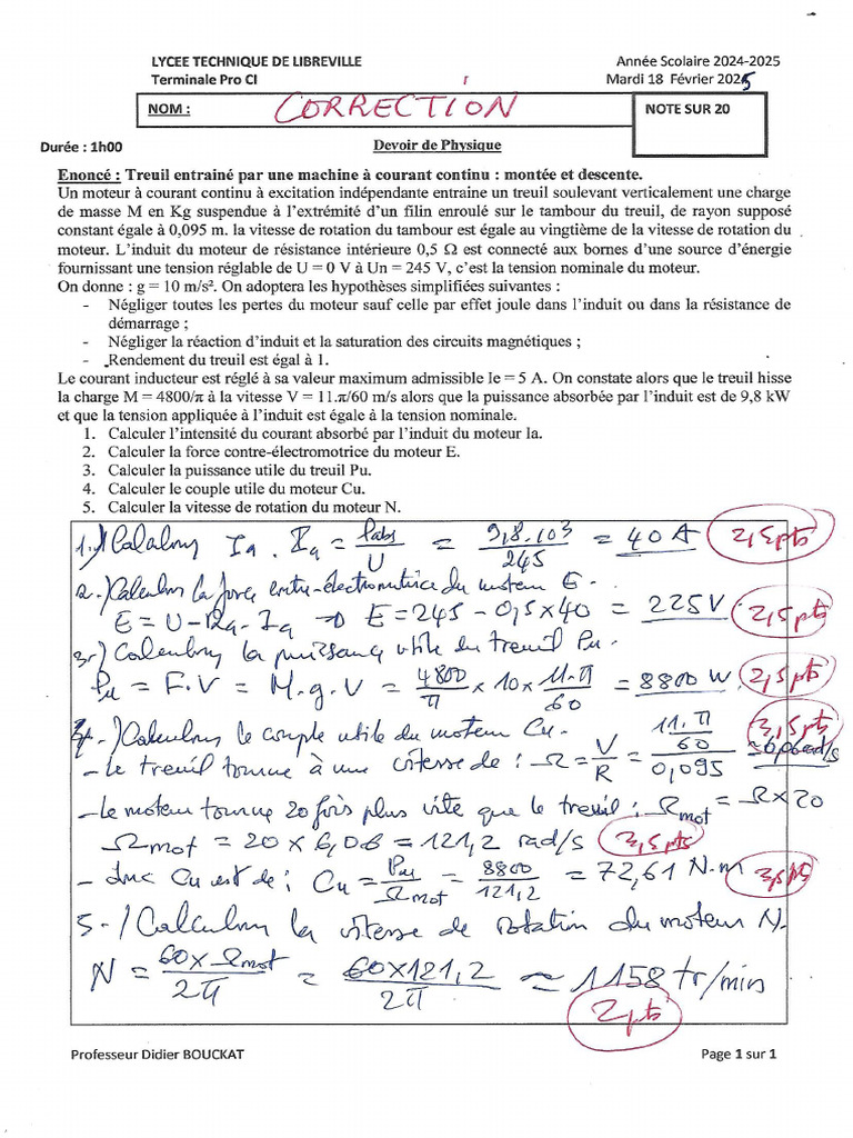 Devoir de Physique Tle ProCI Note 2 Correction T2 2024-2025 | PDF