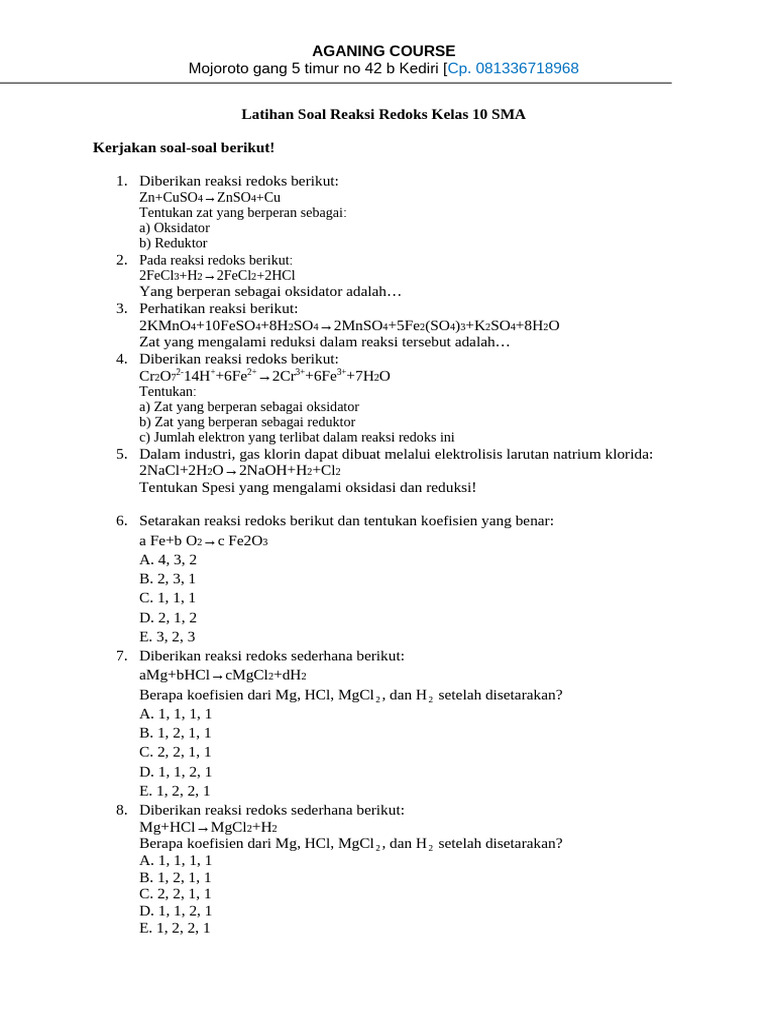 Soal Materi Redoks Kelas 10 Semester 2 | PDF