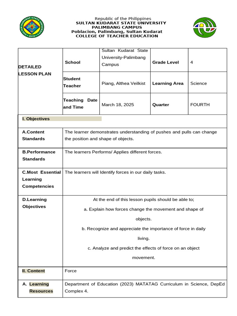 Grade 4 Science Lesson Plan on Forces | PDF | Force | Learning