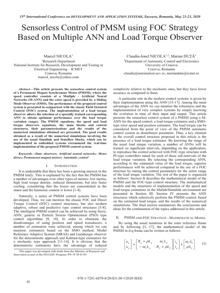 Paper 4 Sensorless Control Of Pmsm Using Foc Strategy Based On Multiple Models Pdf Torque