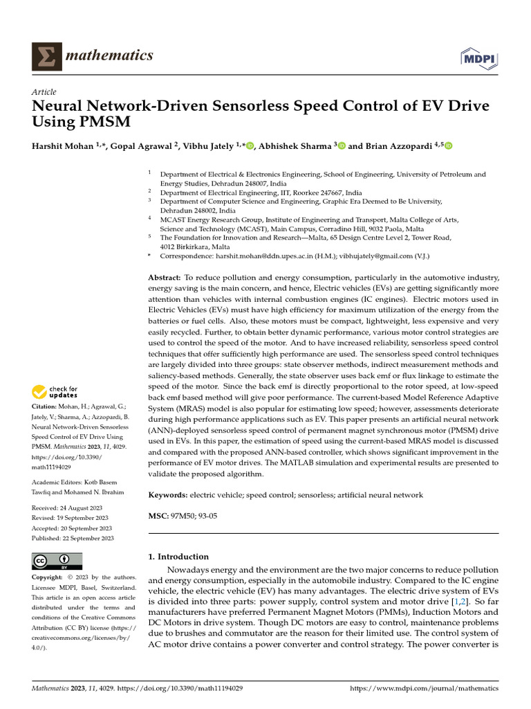 Paper 6_Neural Network-Driven Sensorless Speed Control of EV Drive Using PMSM | PDF | Electric ...