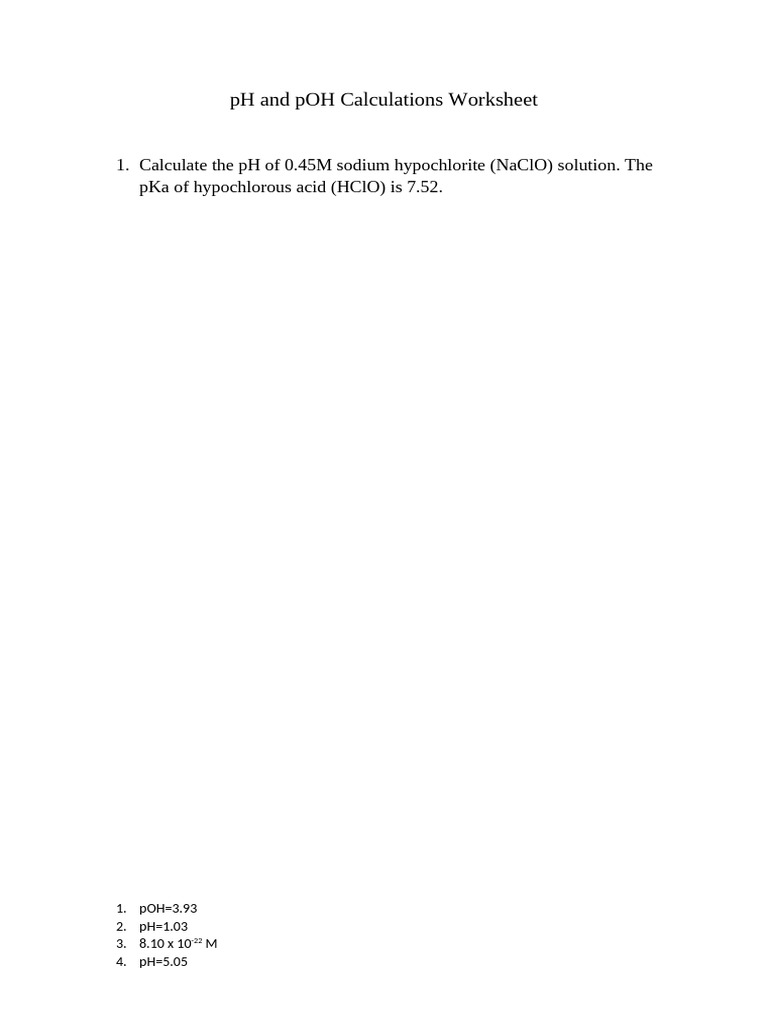 PH and POH Calculations Worksheet | PDF