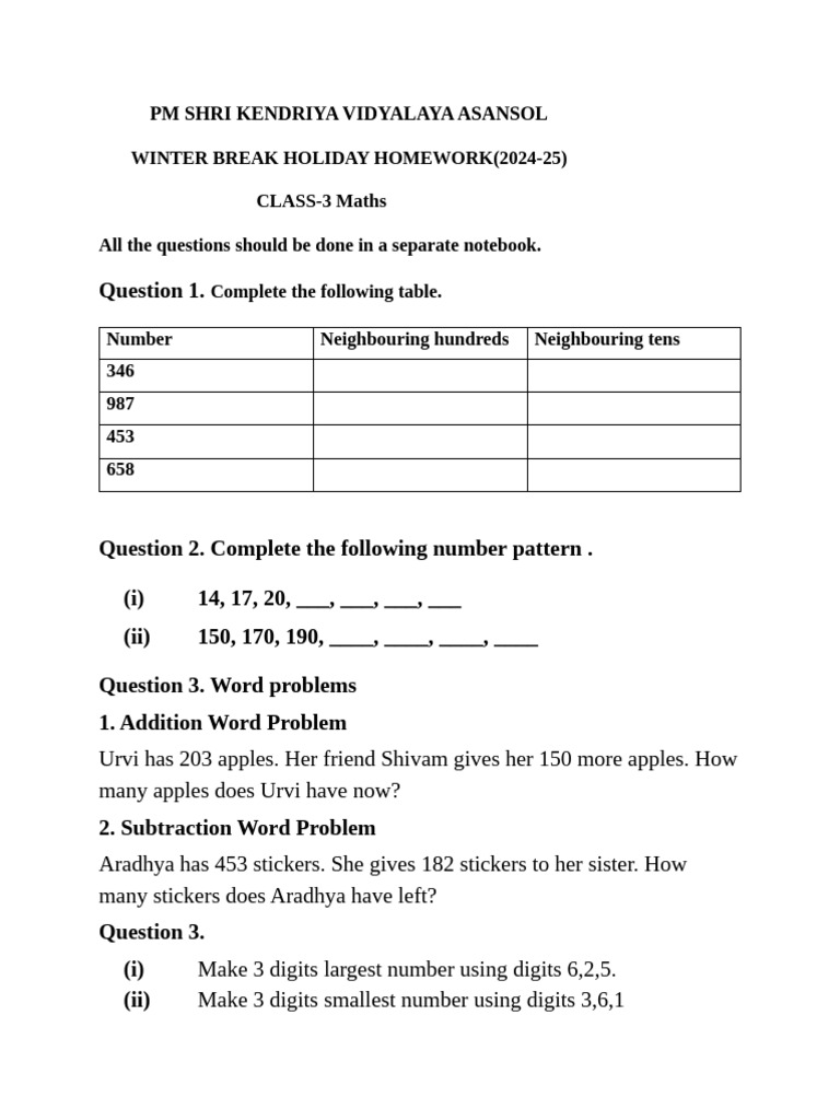 Class 3 Maths Holiday Homework | PDF