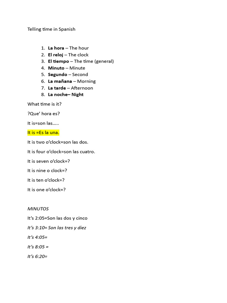 7 Telling Time in Spanish With Answers | PDF