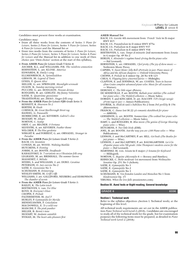 Grade 5 Leisure Piano Syllabus Ameb | PDF | Musical Compositions