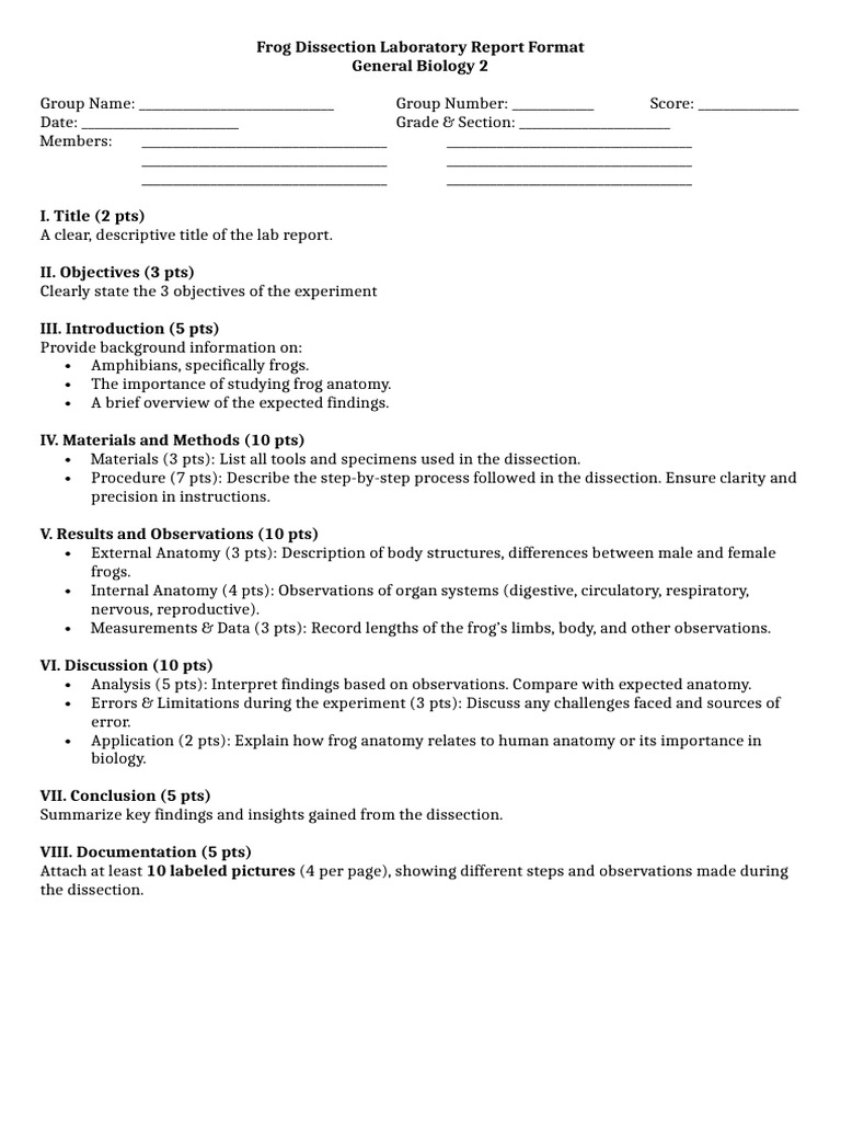 Frog Dissection Lab Report Guide | PDF | Anatomy | Experiment