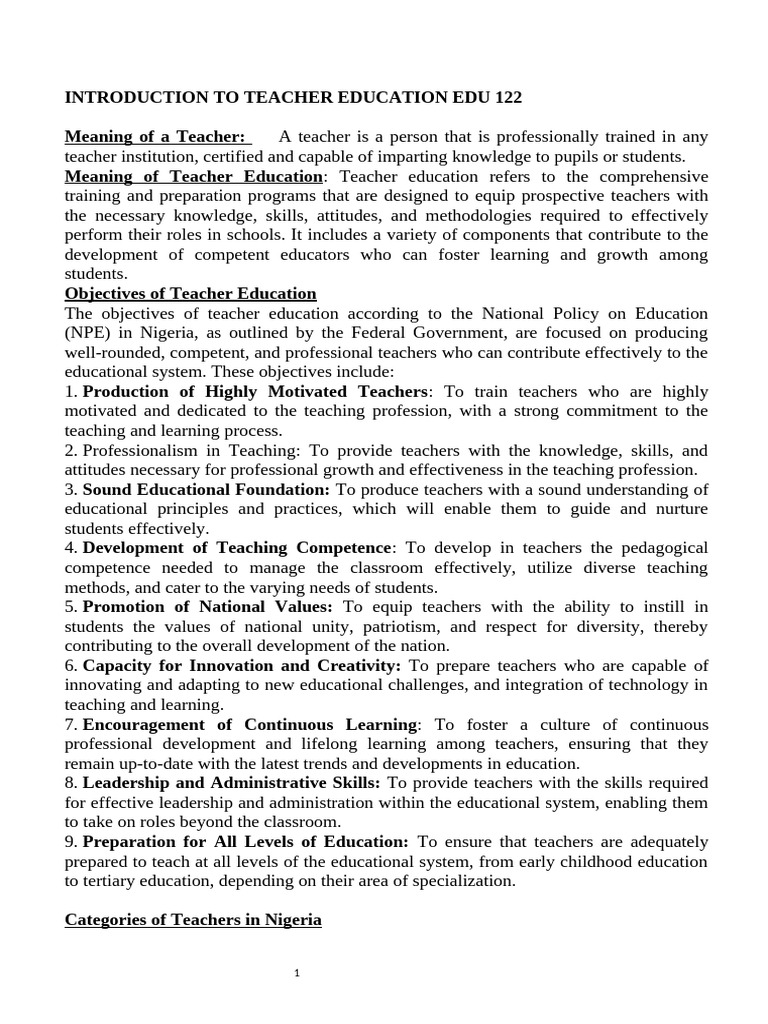 INTRODUCTION TO TEACHER EDUCATION EDU 122. Notes | PDF | Teachers ...