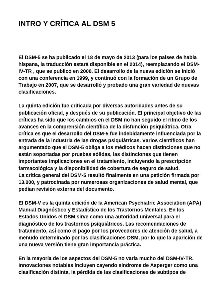 Intro y Críticas Al DSM 5 | PDF | Manual Diagnóstico y Estadístico de ...