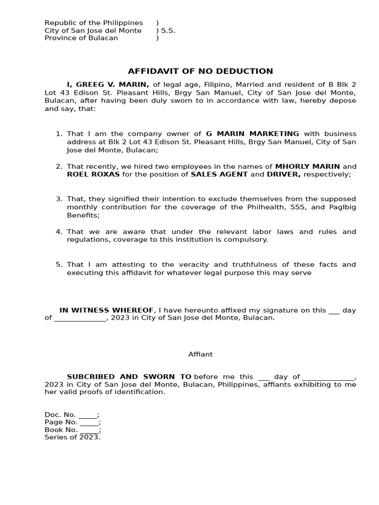 Affidavit of No Deduction | PDF