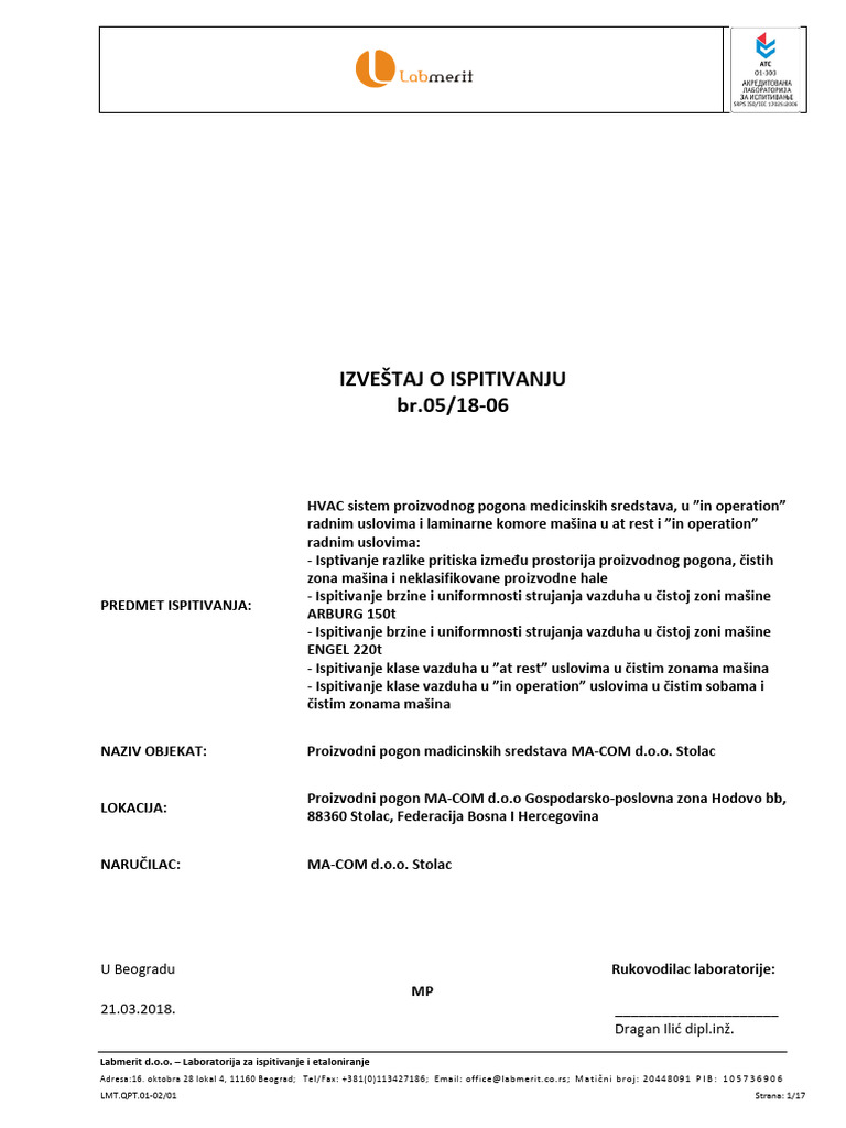 Izvještaj o Ispitivanju Čistih Prostora | PDF